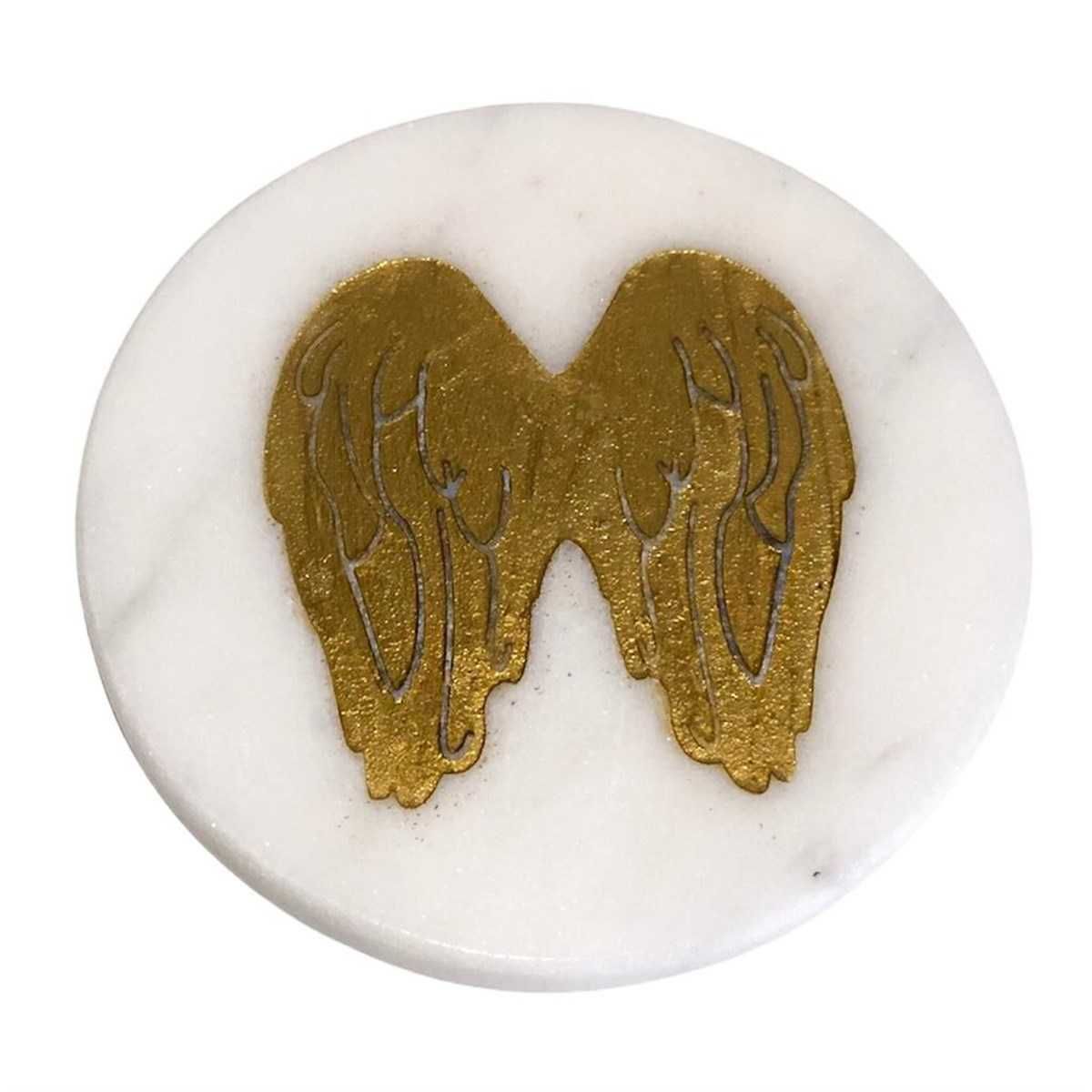 Angel - Melek Kanatlı Beyaz Mermer Yuvarlak Bardak Altlığı - shopsa.com.tr