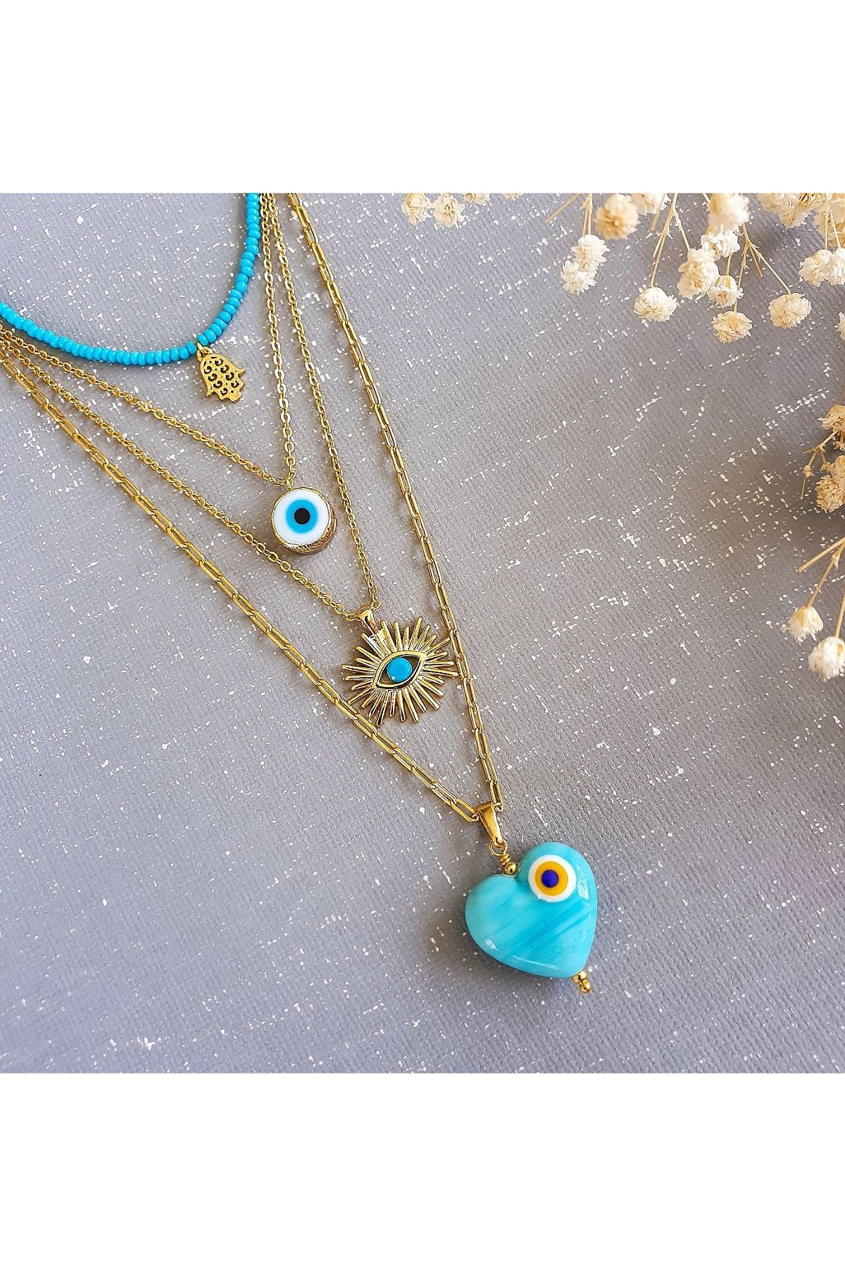 Turkuaz Murano Cam Kalpli Nazar Dörtlü Set Kolye - shopsa.com.tr