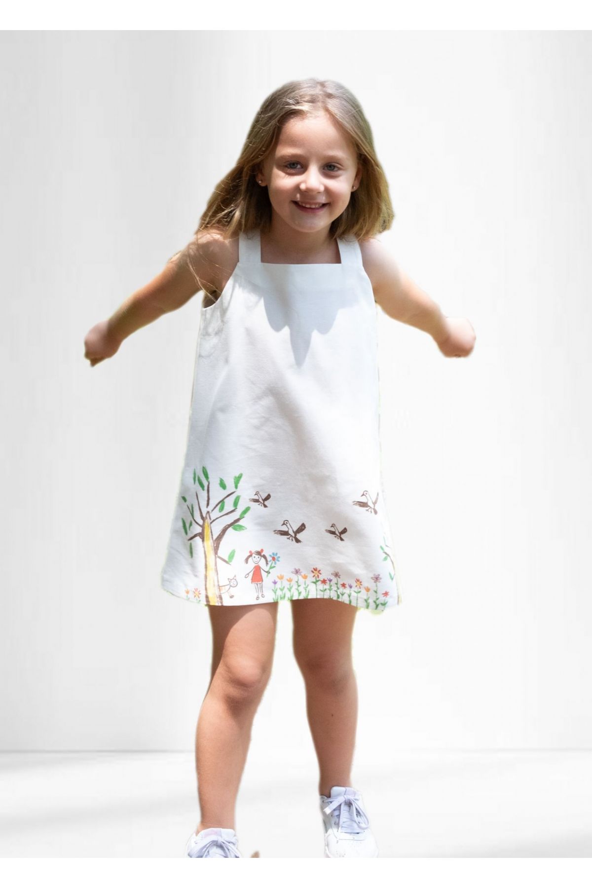 ÇOCUK ÇİZİM BASKILI KANVAS BEYAZ KIZ ÇOCUK ELBİSE - shopsa.com.tr