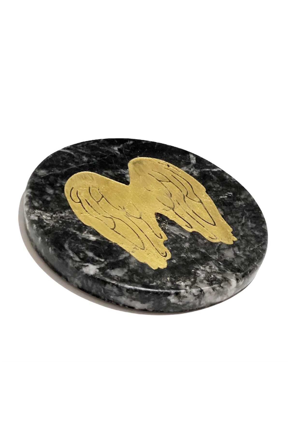Angel - Melek Kanatlı Siyah Mermer Yuvarlak Bardak Altlığı - shopsa.com.tr